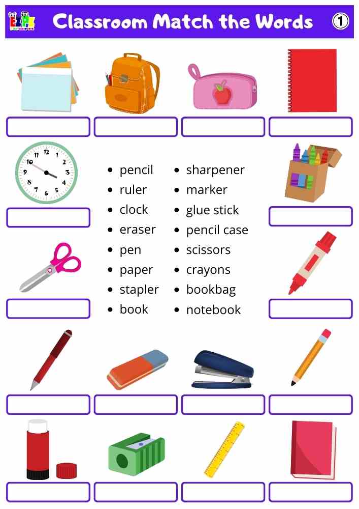 Classroom Objects Write-the-Word Worksheet – Look at the Pictures and Write the Word Set 1 ...